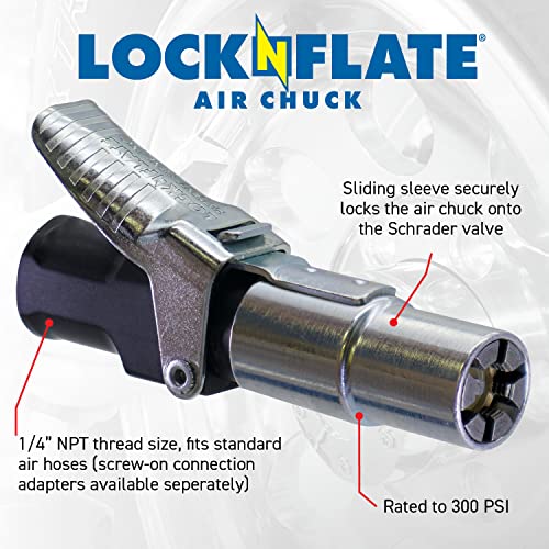 LockNFlate® Locking Air Chuck - Six Steel Jaws Lock onto Any tire Valve - Won't Leak or pop Off - Rated to 150 PSI - Open Flow