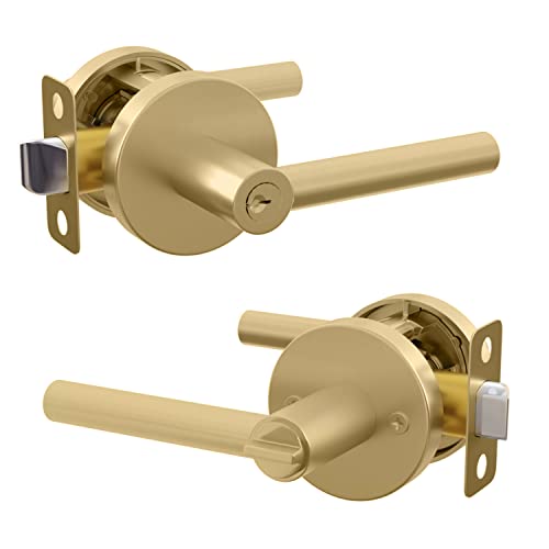 Mega Handles Entrance Handle I Entry Lever Door Handle - Heavy Duty Square Locking Lever Set for Left or Right-Handed Doors - Interior/Exterior Door Levers - Satin Brass