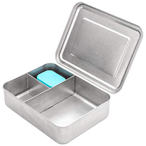 WeeSprout 18/8 Stainless Steel Bento Box (Large) - 3 Compartment Metal Lunch Box, for Kids & Adults, Bonus Dip Container, Fits in Lunch & Work Bags, Dishwasher & Freezer Friendly