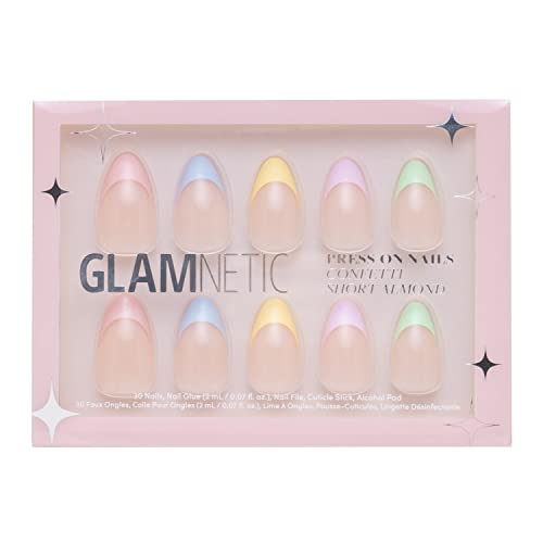 Glamnetic Press On Nails - Confetti | Semi-Transparent, Short Almond Nails, Reusable | 15 Sizes - 30 Nail Kit with Glue