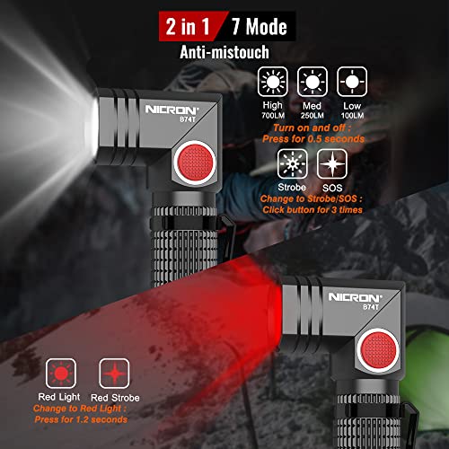 NICRON B74T LED Twist Flashlght 700 Lumen with Red Light Magnetic Rechargeable Waterproof for Fishing Night Walking