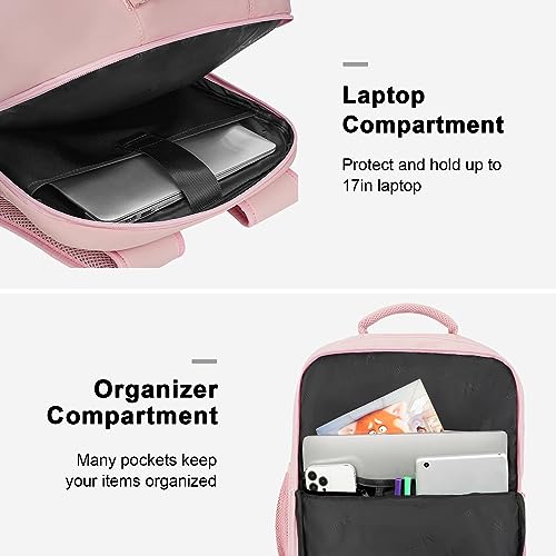 MATEIN Travel Backpack for Women, 40L Flight Approved Carry on Backpack with USB Charge Port, 17 Inch Anti-Theft Laptop Backpack Large Luggage Daypack Business College Weekender Overnight Bag, Pink