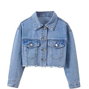 Verdusa Girl's Raw Hem Long Sleeve Single Breasted Crop Denim Jacket Outerwear Light Blue 9Y