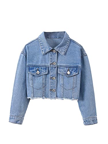 Verdusa Girl's Raw Hem Long Sleeve Single Breasted Crop Denim Jacket Outerwear Light Blue 9Y