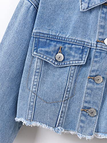 Verdusa Girl's Raw Hem Long Sleeve Single Breasted Crop Denim Jacket Outerwear Light Blue 9Y