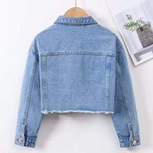 Verdusa Girl's Raw Hem Long Sleeve Single Breasted Crop Denim Jacket Outerwear Light Blue 9Y