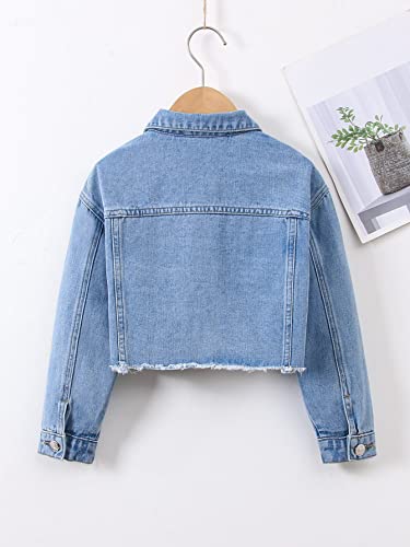 Verdusa Girl's Raw Hem Long Sleeve Single Breasted Crop Denim Jacket Outerwear Light Blue 9Y