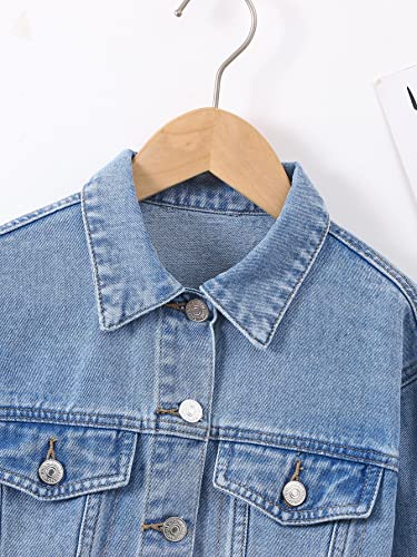 Verdusa Girl's Raw Hem Long Sleeve Single Breasted Crop Denim Jacket Outerwear Light Blue 9Y