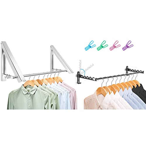 LIVEHITOP Wall Mounted Clothes Rack 2 Pcs, Folding Coat Hanger Dryer Hanging Rail Rod Wardrobe Hooks for Bathroom Balcony RV Indoor Outdoor