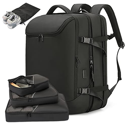 TANGCORLE 50L Carry on Travel Backpack, Expandable Airline Approved Backpacks with 3 Packing Cubes fit 17 inch Laptop, Water Resistant Convertible Suitcase backpack for Men Women