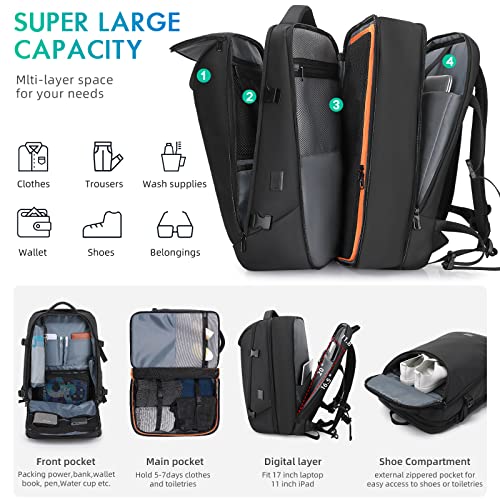 TANGCORLE 50L Carry on Travel Backpack, Expandable Airline Approved Backpacks with 3 Packing Cubes fit 17 inch Laptop, Water Resistant Convertible Suitcase backpack for Men Women