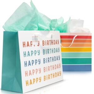 beautiful birthday gift bags set of 2 - large 16/'' bags with handles incl. matching tissue paper, cards & stickers - reusable and perfect for presents of any girls/boys kids party & special occasion