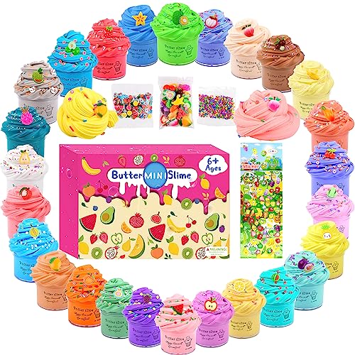 Premade Fruit Butter Slime Kit 26 Pack Scented Super Soft Non-Sticky DIY Slime for Stress Relief Birthday Gifts Goodie Bag Stuffers Butter Slime Party Favors for Kids