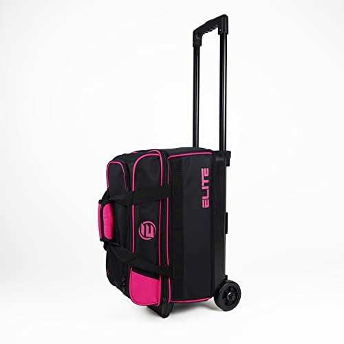 Elite Basic Double Roller 2 Ball Bowling Bag with Wheels | Large Top Pocket for Accessories or Bowling Shoes up to size 15 | Retractable Handle Extends to 37" (Pink)