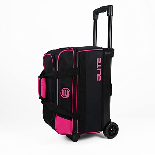 Elite Basic Double Roller 2 Ball Bowling Bag with Wheels | Large Top Pocket for Accessories or Bowling Shoes up to size 15 | Retractable Handle Extends to 37" (Pink)