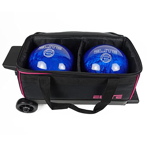 Elite Basic Double Roller 2 Ball Bowling Bag with Wheels | Large Top Pocket for Accessories or Bowling Shoes up to size 15 | Retractable Handle Extends to 37" (Pink)