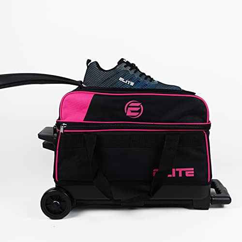 Elite Basic Double Roller 2 Ball Bowling Bag with Wheels | Large Top Pocket for Accessories or Bowling Shoes up to size 15 | Retractable Handle Extends to 37" (Pink)