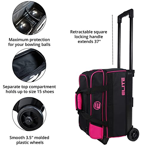 Elite Basic Double Roller 2 Ball Bowling Bag with Wheels | Large Top Pocket for Accessories or Bowling Shoes up to size 15 | Retractable Handle Extends to 37" (Pink)