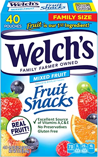 Welch's Fruit Snacks, Mixed Fruit, Perfect Halloween Candy Bulk Pack, Gluten Free, Individual Single Serve Bags, 0.8 oz (Pack of 40)