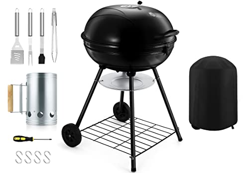 22 inches Outdoor Charcoal Grill Set of 12, Leonyo Large Kettle BBQ Charcoal Grill for Camping, Round Barbecue Grill Cooking Accessories with Charcoal Chimney Starter, Grill Cover, Tongs for Backyard