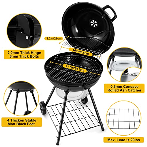 22 inches Outdoor Charcoal Grill Set of 12, Leonyo Large Kettle BBQ Charcoal Grill for Camping, Round Barbecue Grill Cooking Accessories with Charcoal Chimney Starter, Grill Cover, Tongs for Backyard