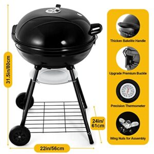 22 inches Outdoor Charcoal Grill Set of 12, Leonyo Large Kettle BBQ Charcoal Grill for Camping, Round Barbecue Grill Cooking Accessories with Charcoal Chimney Starter, Grill Cover, Tongs for Backyard