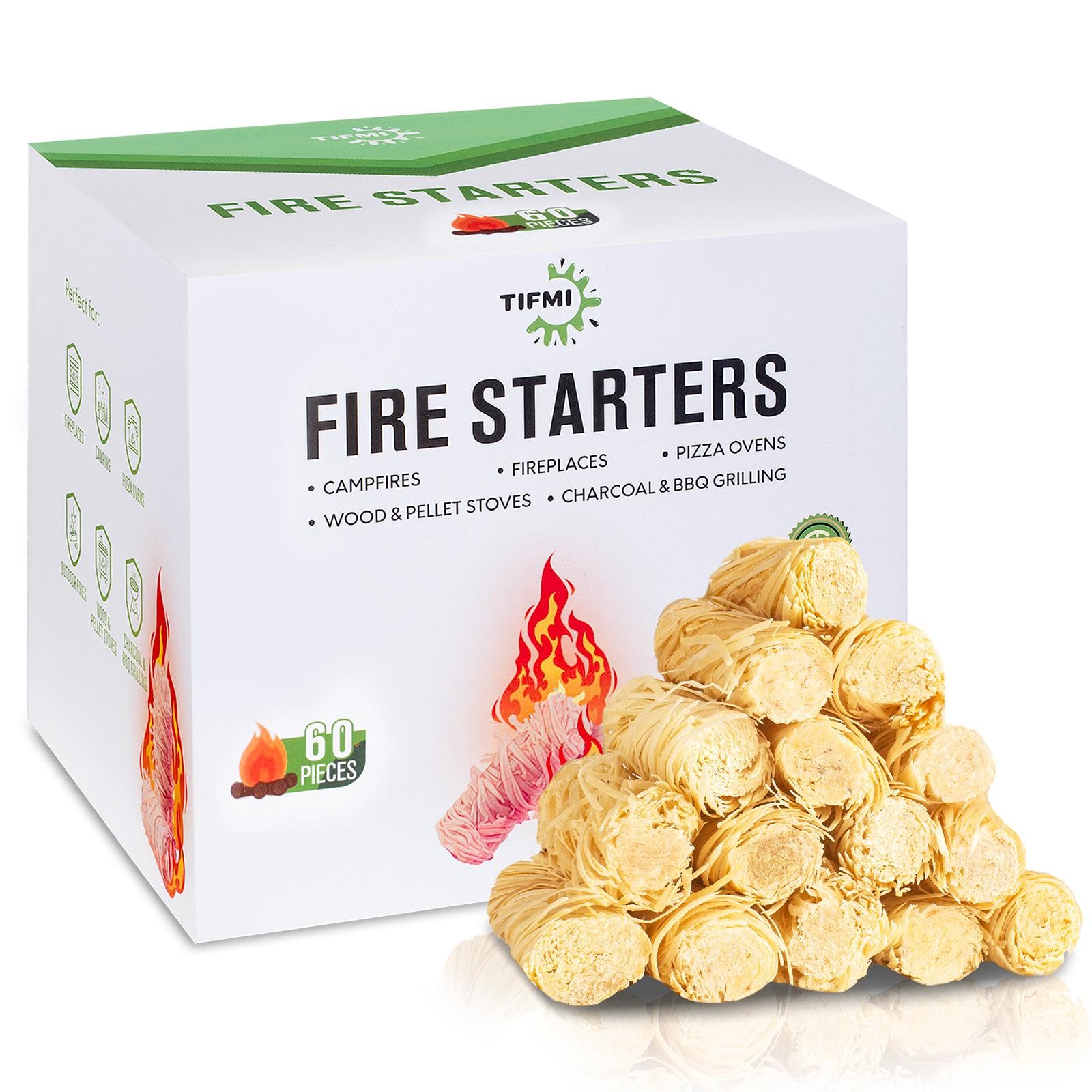 TIFMI Fire Starter - 60 Pcs Fire Starters for Campfires, Fireplace, Grill, Wood & Pellet Stove, Fire Pit, BBQ, Survival, ooni Pizza Ovens, Water Resistant and Odorless Safe for Indoor/Outdoor Use