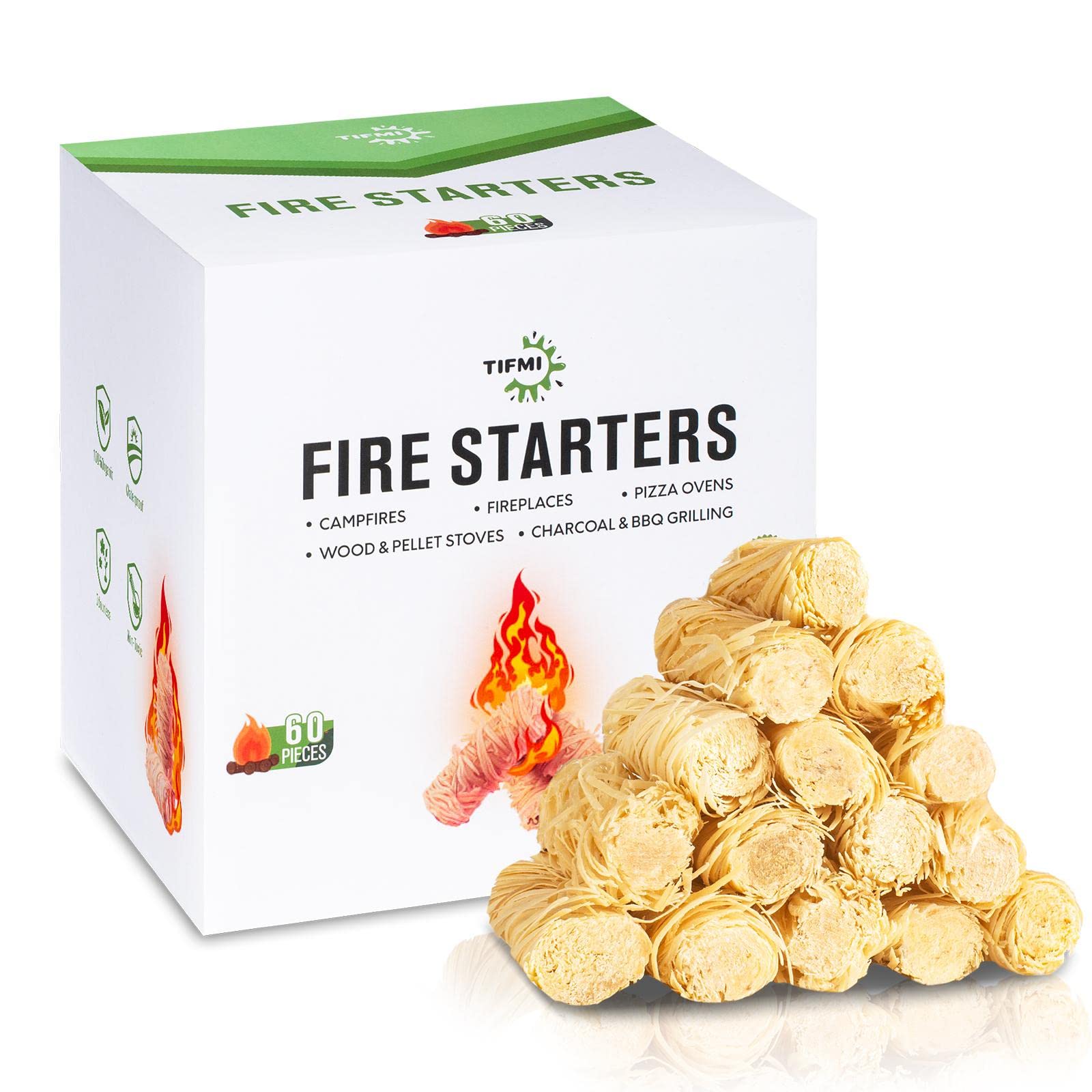 TIFMI Fire Starter - 60 Pcs Fire Starters for Campfires, Fireplace, Grill, Wood & Pellet Stove, Fire Pit, BBQ, Survival, ooni Pizza Ovens, Water Resistant and Odorless Safe for Indoor/Outdoor Use