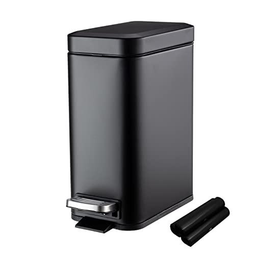 Small Bathroom Trash Can with Lid-5L/1.3 Gal Stainless Steel Step Pedal Trash Can, Black Slim Wastebasket Easy-Close Lid, Removable Liner Metal Garbage Container Bin for Bedroom, Kitchen, Office