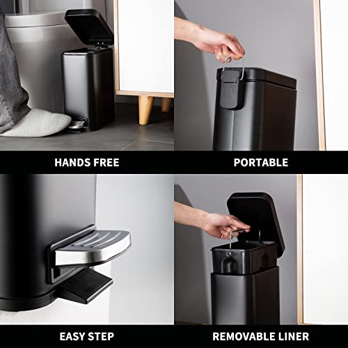 Small Bathroom Trash Can with Lid-5L/1.3 Gal Stainless Steel Step Pedal Trash Can, Black Slim Wastebasket Easy-Close Lid, Removable Liner Metal Garbage Container Bin for Bedroom, Kitchen, Office