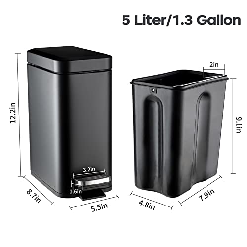 Small Bathroom Trash Can with Lid-5L/1.3 Gal Stainless Steel Step Pedal Trash Can, Black Slim Wastebasket Easy-Close Lid, Removable Liner Metal Garbage Container Bin for Bedroom, Kitchen, Office