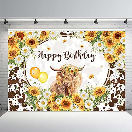 MEHOFOND 7x5ft Highland Cows Floral Birthday Backdrop Brown Cattles Happy Birthday Party Decorations Sunflowers Farm Cow Photography Background for Girls Cake Table Banner Supplies