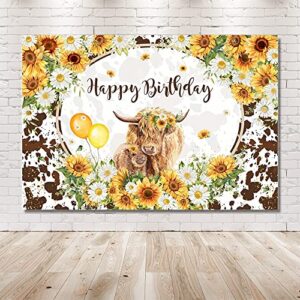 MEHOFOND 7x5ft Highland Cows Floral Birthday Backdrop Brown Cattles Happy Birthday Party Decorations Sunflowers Farm Cow Photography Background for Girls Cake Table Banner Supplies