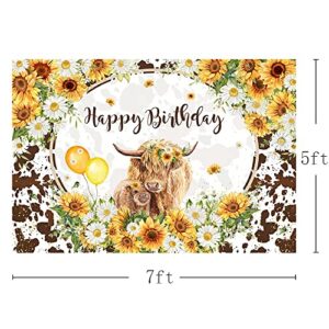 MEHOFOND 7x5ft Highland Cows Floral Birthday Backdrop Brown Cattles Happy Birthday Party Decorations Sunflowers Farm Cow Photography Background for Girls Cake Table Banner Supplies