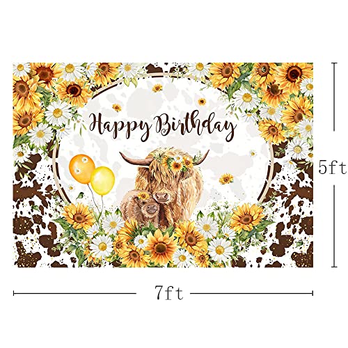 MEHOFOND 7x5ft Highland Cows Floral Birthday Backdrop Brown Cattles Happy Birthday Party Decorations Sunflowers Farm Cow Photography Background for Girls Cake Table Banner Supplies