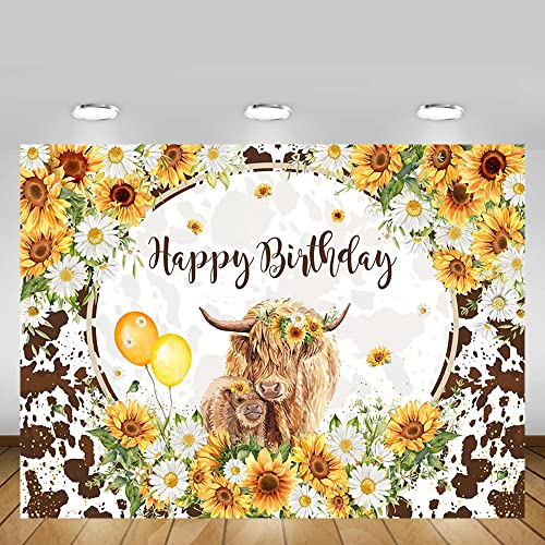 MEHOFOND 7x5ft Highland Cows Floral Birthday Backdrop Brown Cattles Happy Birthday Party Decorations Sunflowers Farm Cow Photography Background for Girls Cake Table Banner Supplies