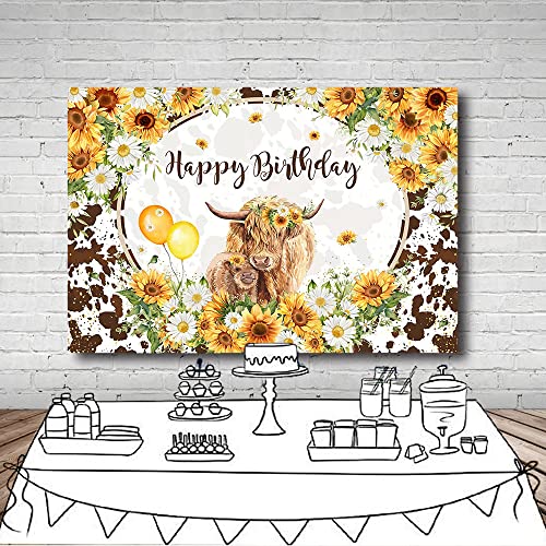 MEHOFOND 7x5ft Highland Cows Floral Birthday Backdrop Brown Cattles Happy Birthday Party Decorations Sunflowers Farm Cow Photography Background for Girls Cake Table Banner Supplies