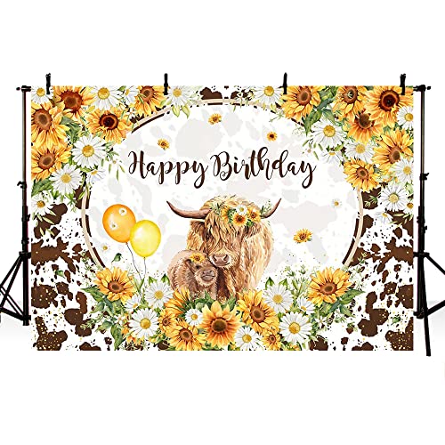 MEHOFOND 7x5ft Highland Cows Floral Birthday Backdrop Brown Cattles Happy Birthday Party Decorations Sunflowers Farm Cow Photography Background for Girls Cake Table Banner Supplies