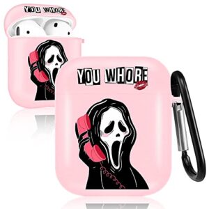 hooyiiok scream ghost for airpods case 2nd generation, horror for airpods 2nd generation case, funny for airpods 2nd/1st generation case cover with keychain (pink)