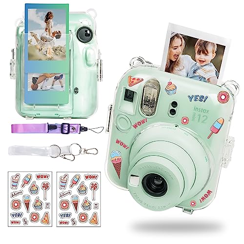 CAIYOULE Instax Mini 12 Clear Case - Protective Camera Case Compatible with Fuji Instax Mini 12, Hard PC Cover with 2 Straps and Stickers (Clear)