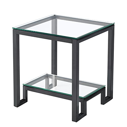 Glass End Table Square,Modern Glass Side Table with 2 Tier Shelf Coffee Table,Black Metal Frame Glass Top Table for Living Room,Balcony,Bedroom