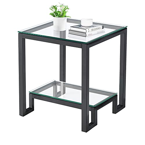 Glass End Table Square,Modern Glass Side Table with 2 Tier Shelf Coffee Table,Black Metal Frame Glass Top Table for Living Room,Balcony,Bedroom