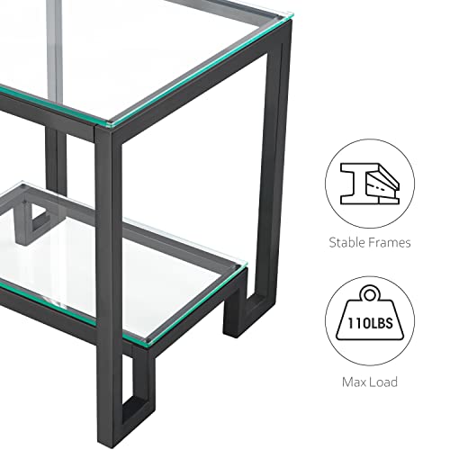 Glass End Table Square,Modern Glass Side Table with 2 Tier Shelf Coffee Table,Black Metal Frame Glass Top Table for Living Room,Balcony,Bedroom