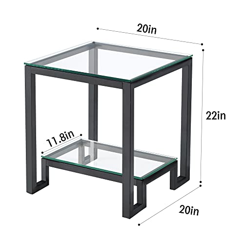 Glass End Table Square,Modern Glass Side Table with 2 Tier Shelf Coffee Table,Black Metal Frame Glass Top Table for Living Room,Balcony,Bedroom