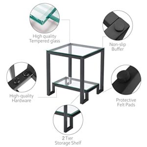 Glass End Table Square,Modern Glass Side Table with 2 Tier Shelf Coffee Table,Black Metal Frame Glass Top Table for Living Room,Balcony,Bedroom