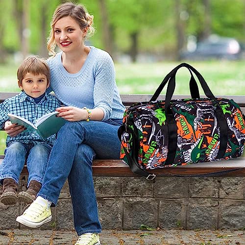 Kids Duffle Bag, Boys Gymnastics Bag with Shoe Compartment, Dinosaur Travel Bag Teens Sports Carry on Weekend Duffel Bag