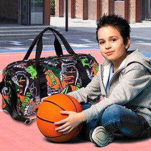 Kids Duffle Bag, Boys Gymnastics Bag with Shoe Compartment, Dinosaur Travel Bag Teens Sports Carry on Weekend Duffel Bag