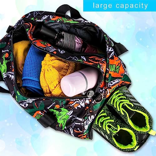 Kids Duffle Bag, Boys Gymnastics Bag with Shoe Compartment, Dinosaur Travel Bag Teens Sports Carry on Weekend Duffel Bag