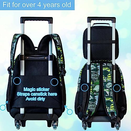 3PCS Rolling Backpack for Boys, Kids Roller Wheeled Dinosaur Bookbag and Lunch Box, Cool School Backpacks with Wheels for Elementary Teen