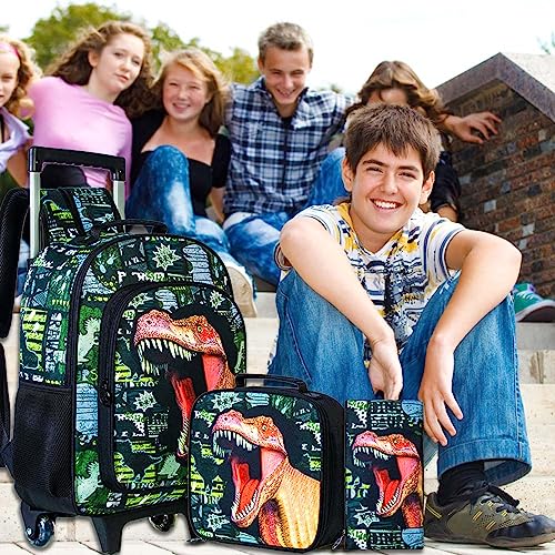 3PCS Rolling Backpack for Boys, Kids Roller Wheeled Dinosaur Bookbag and Lunch Box, Cool School Backpacks with Wheels for Elementary Teen